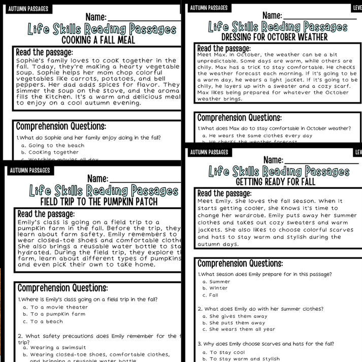 Autumn/Fall Life Skills Reading Passages with Comprehension NO PREP ...